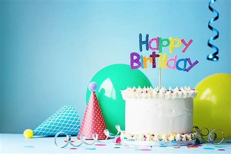 푸른 퐁당 케이크 풍선 생일 화려한 케이크 생일 축하 축하 양초 장식 Hd 배경 화면 Wallpaperbetter