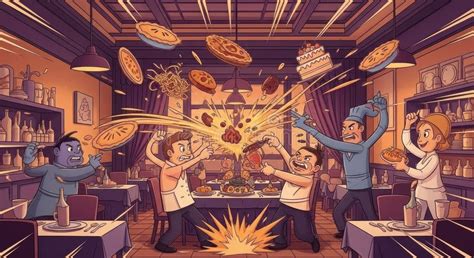 Cartoon Food Fight In A Restaurant Flying Cakes Pies And Spaghetti