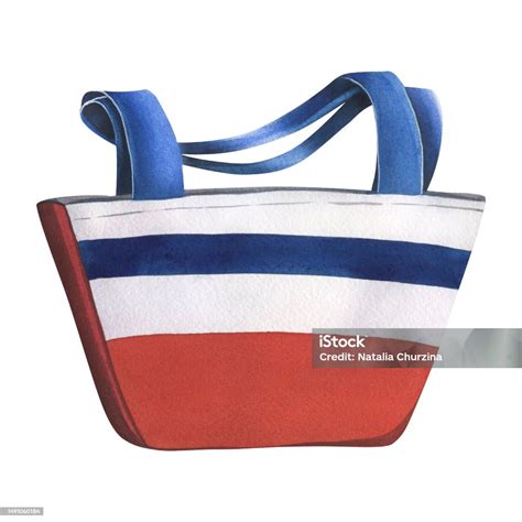 해변 여름 가방 패브릭 줄무늬 빨강 파랑 및 흰색 수채화 그림 손으로 그린 흰색 배경에 격리된 개체입니다 작곡 스티커 지문 액세서리 0명에 대한 스톡 벡터 아트 및 기타