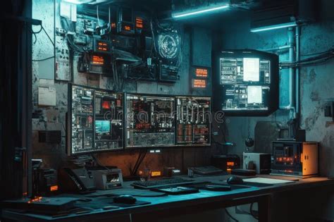 High Tech Control Room Filled With Multiple Computer Screens And Data Visualizations At Night