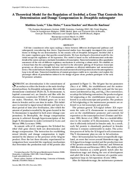 Pdf A Theoretical Model For The Regulation Of Sex Lethal A Gene That