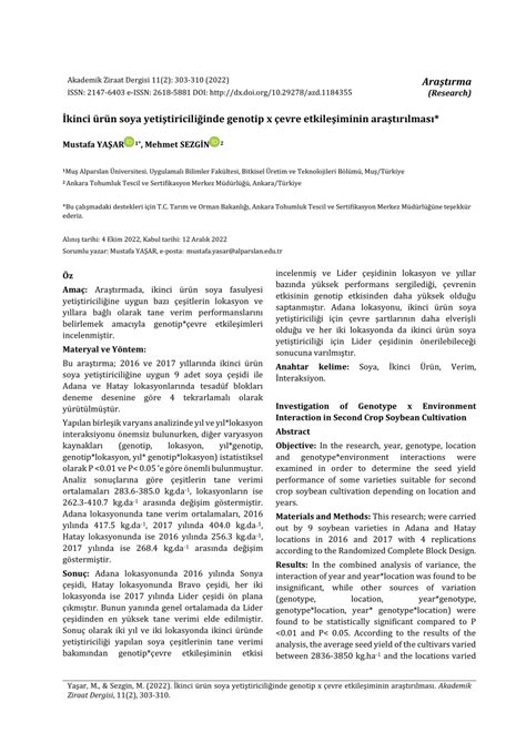 Pdf Investigation Of Genotype X Environmentinteraction In Second Crop