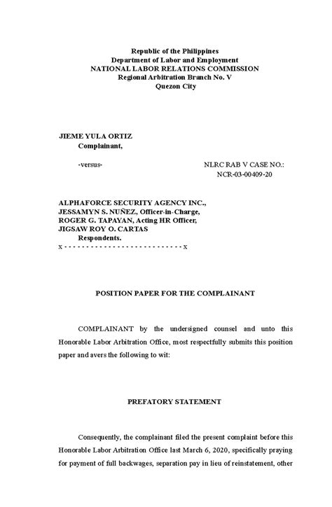 Sample Position Paper Republic Of The Philippines Department Of Labor
