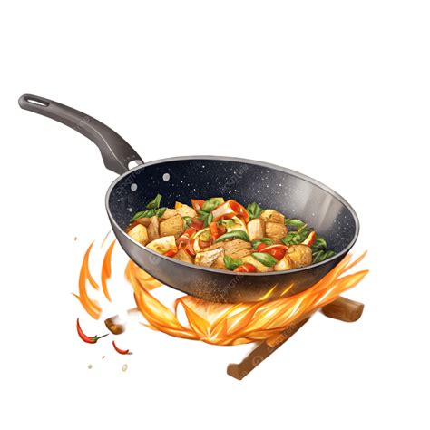 Frying Pan Wok For Fry Food On Fire White Fryingpan Wok Food Png