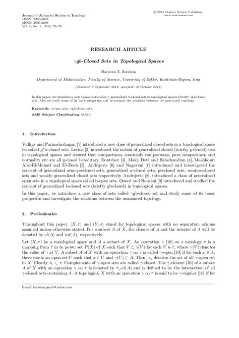 Pdf γgb Closed Sets In Topological Spaces