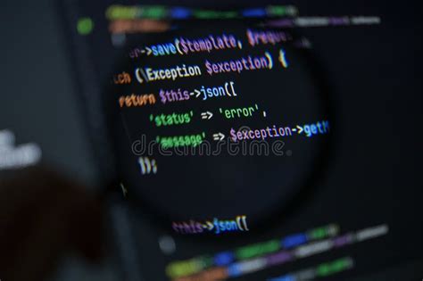 Close Up Of Php Code Showing Error Handling With Json Response Under Magnifying Glass On Dark