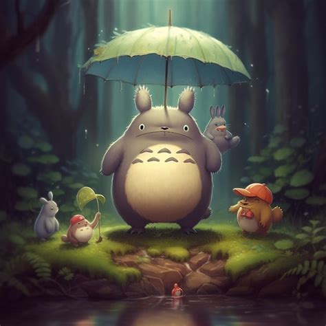 Hay Una Imagen De Dibujos Animados De Un Totoro Con Un Paraguas
