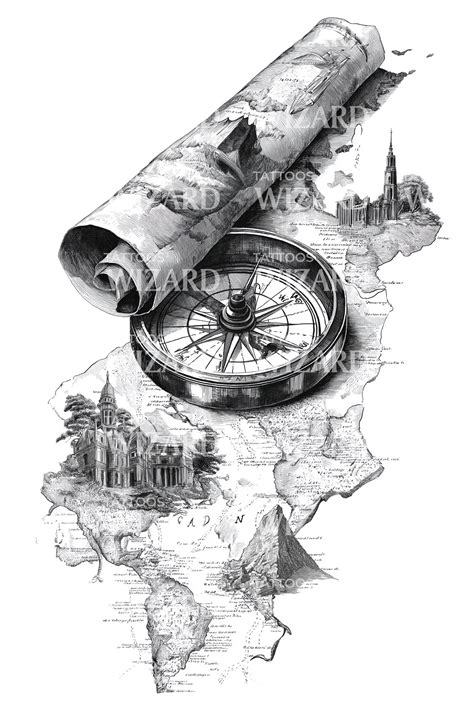 Vintage Compass Map Tattoo Design Tattoos Wizard Designs