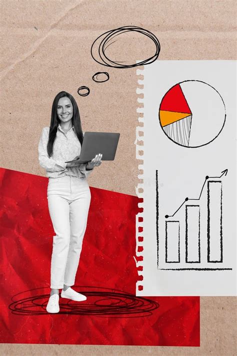 Composite Collage Photo Of Young Woman Hold Netbook Thoughtful Analytics Paper Diagram Data