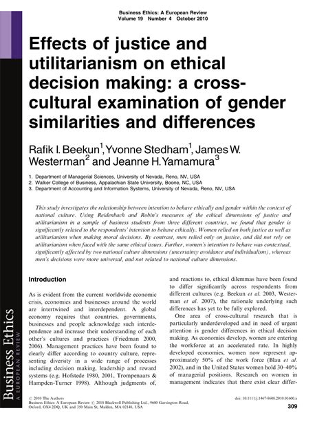 Pdf Effects Of Justice And Utilitarianism On Ethical Decision Making
