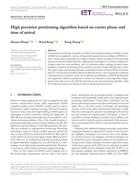 Pdf High Precision Positioning Algorithm Based On Carrier Phase And Time Of Arrival