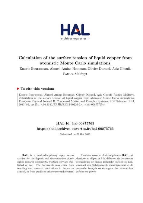 Pdf Calculation Of The Surface Tension Of Liquid Copper From