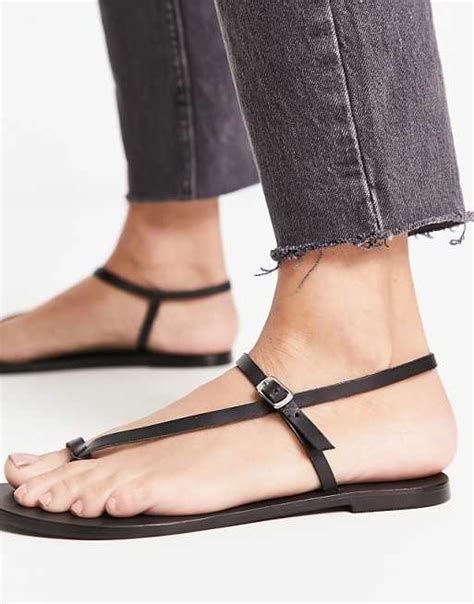 Asos Design Flutter Leather Toe Loop Flat Sandals In Black Asos