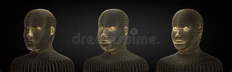 Three Golden Wireframe Head Shapes Stock Illustration Illustration Of Male Artificial 308153906