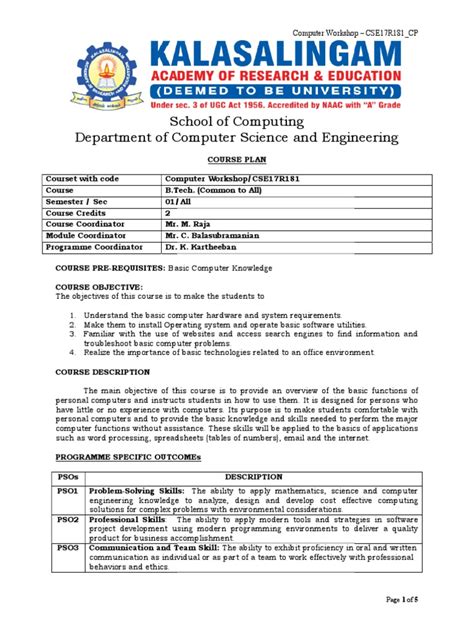 Comp Workshop Course Plan Pdf Engineering Computer Science