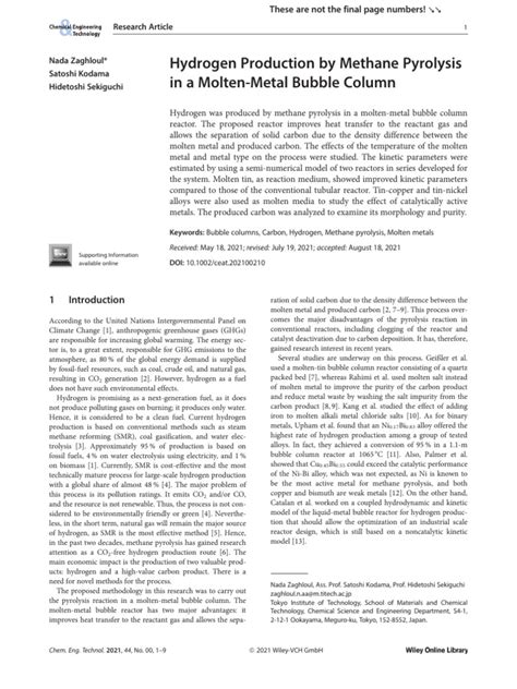 Hydrogen Production By Methane Pyrolysis Pdf