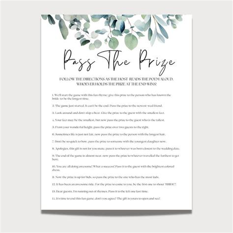Greenery Pass The Prize Bridal Shower Game Eucalyptus Pass The Prize