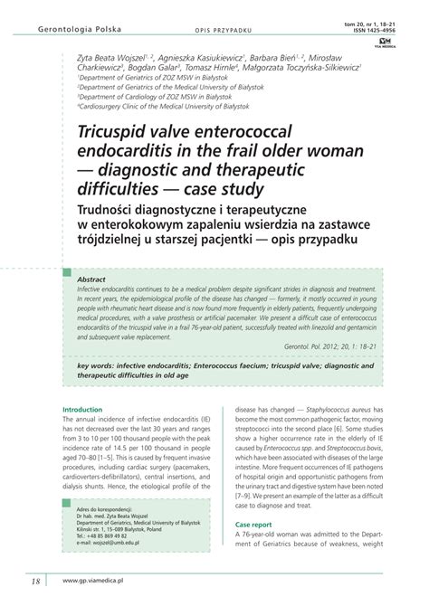 Pdf Tricuspid Valve Enterococcal Endocarditis In The Frail Older