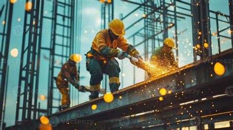 Construction Workers Welding Steel Beams On A High Rise Building