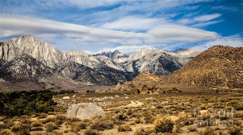 Desert View Of Majestic Mount Whitney Mountain Peaks With Clouds