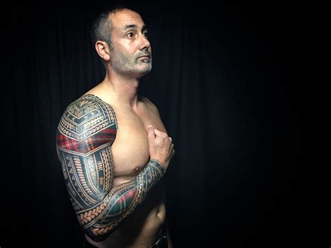 Polynesian And Scottish Tartan Sleeve Tattoo