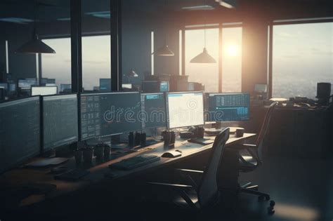 Modern Office Interior With Computers And City View Generative Ai Stock Illustration
