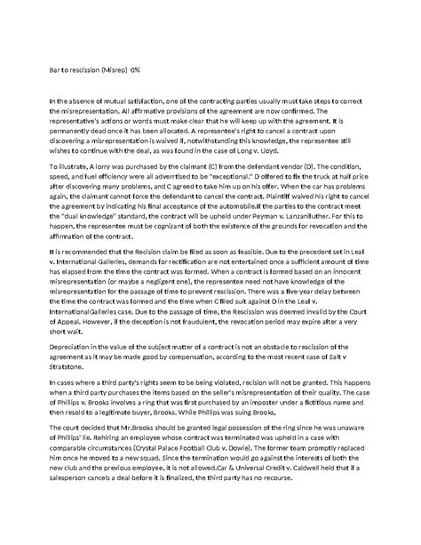 Bar To Rescission Misrep Bar To Rescission Misrep 0 In The Absence