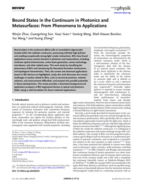 Pdf Bound States In The Continuum In Photonics And Metasurfaces From Phenomena To Applications