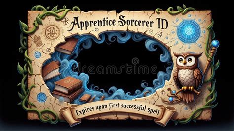 Fantasy Style Wizard Id Card Featuring An Owl Potion Spellbook And