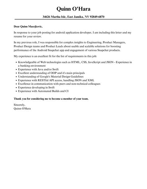 Android Application Developer Cover Letter Velvet Jobs