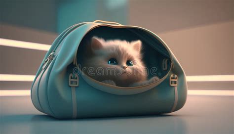 Cute Little Kitten In A Blue Backpack 3d Rendering Stock Illustration Illustration Of