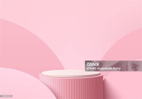 사실적인 흰색 실린더 스탠드 연단이 있는 3d 분홍색 배경과 겹치는 곡선 벽 장면 파스텔 최소 모형 제품 디스플레이 추상적인