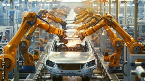 Assembly Line In A Modern Car Manufacturing Plant With Robotic Arms