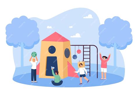 놀이터에서 우주 비행사와 우주선을 노는 아이들 판지 헬멧 로켓 상자 및 행성 평면 벡터 일러스트와 함께 소년과 소녀