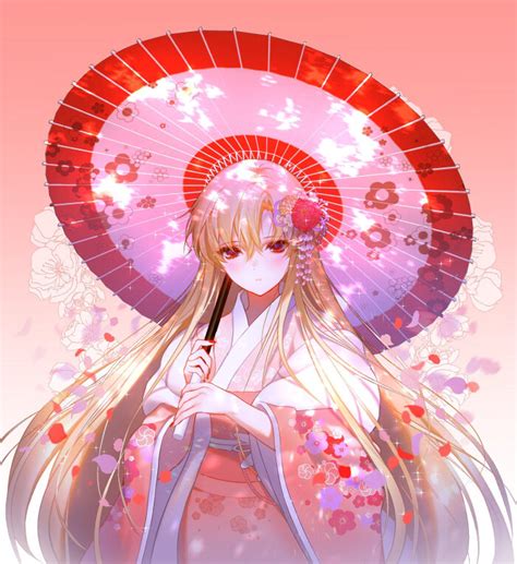 和风动漫美少女 红瞳 持伞少女 二次元手绘 和服少女 插画漫画