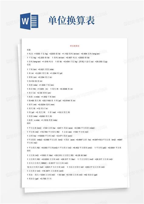 单位换算表word模板下载编号lvwjwpjp熊猫办公