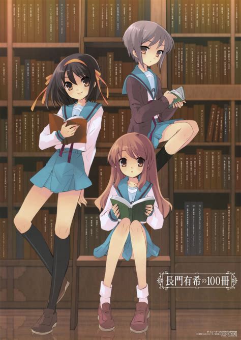 Safebooru 3girls Absurdres Asahina Mikuru Black Hair Book Bookshelf