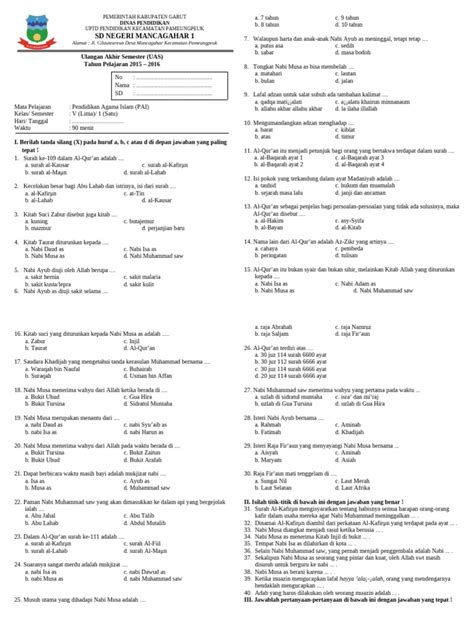 Uas Pai Kelas V Sd Negeri Mancagahar 1 Pdf