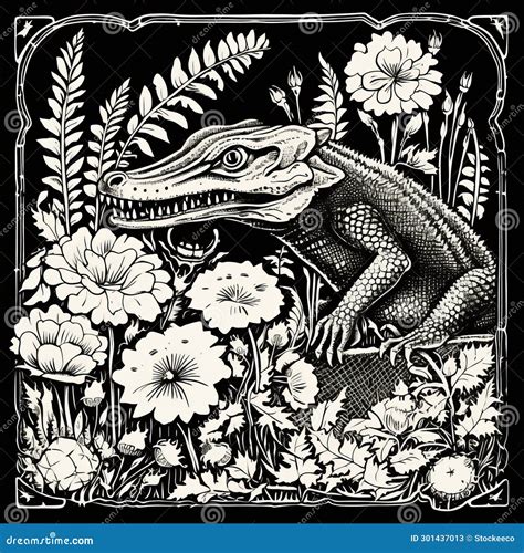 Monochromatic Alligator And Flower Drawing With Intricate Woodcut
