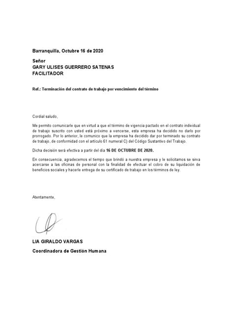Carta Terminacion Del Contrato Pdf