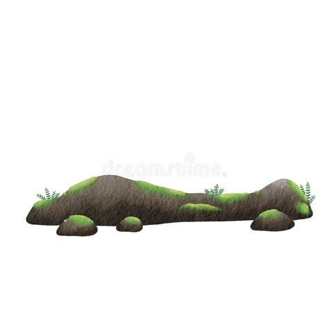 Stone Reef With Moss And Fern On Grass Ground Watercolor Illustration