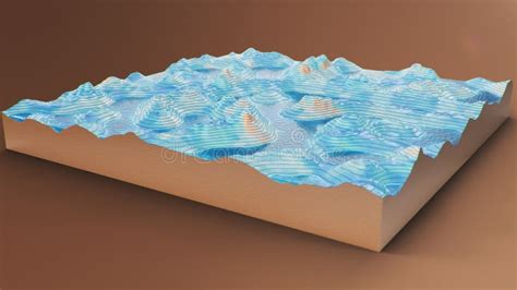 Cross Section Topographic 3d Map With Water Contour Lines On A