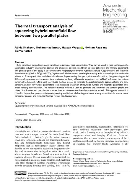 Pdf Thermal Transport Analysis Of Squeezing Hybrid Nanofluid Flow Between Two Parallel Plates