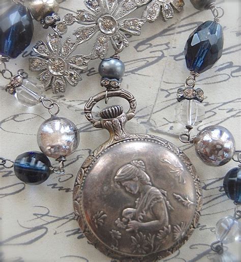 Blue Marguerite Antique Vintage Pocket Watch And Daisy Assemblage Necklace By Opaline1214 On