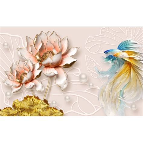 Long Flowing Fish And Luxury Flower Wallpaper178w X 111h Inches Non