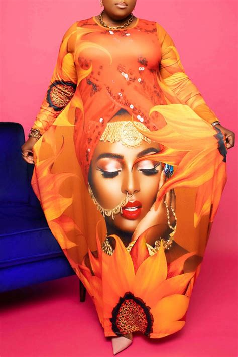 Fashion Orange Casual Print Basic O Neck Long Sleeve Plus Size Dresses