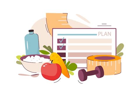 영양사 개념입니다 건강한 음식과 신체 활동으로 식단 계획 평면 벡터 일러스트 레이 션 프리미엄 벡터