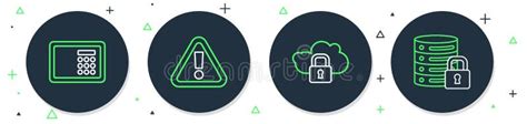Set Line Exclamation Mark In Triangle Cloud Computing Lock Safe And Server Security With Icon