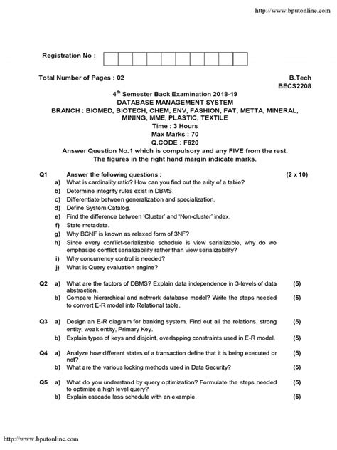 Btech All 4 Sem Database Management System Becs2208 2019 Pdf