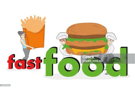 작은 사람 큰 단어 패스트 푸드의 밑그림 패스트 푸드의 개념입니다 손으로 그린 만화 벡터 일러스트 레이 션 디자인 및 인포 그래픽에 대 한 Health에 대한 스톡 벡터